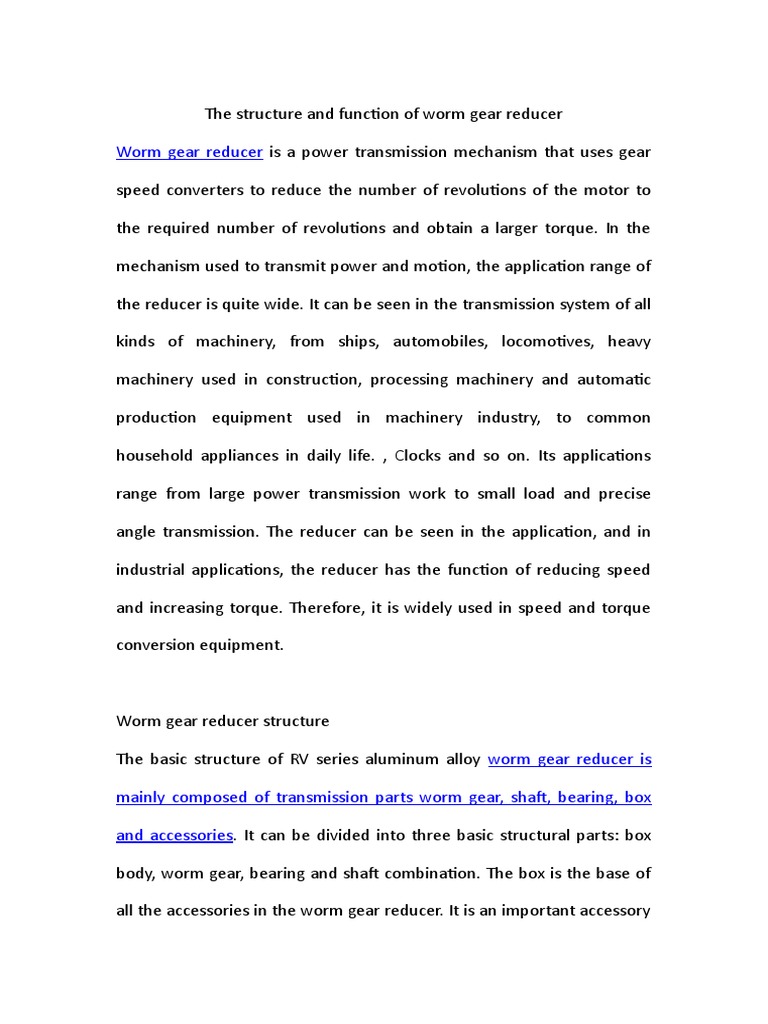 The Structure and Function of Worm Gear Reducer | PDF | Transmission ...