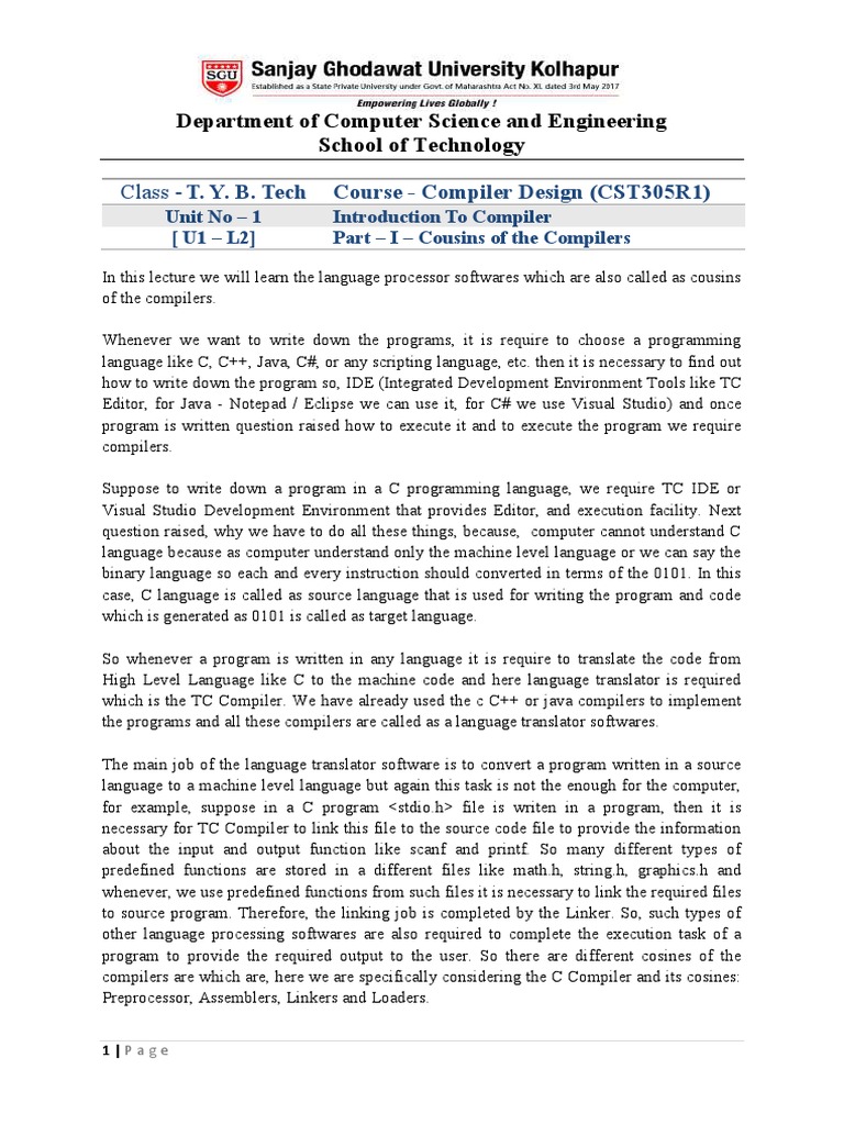 Class - : T. Y. B. Tech Course - Compiler Design (CST305R1) | PDF | Compiler | Integrated ...