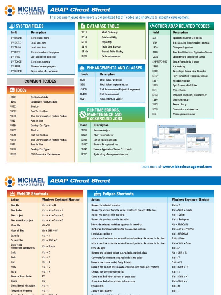 ABAP Cheat Sheet: System Fields Database Table Other Abap Related Tcodes | PDF | Computer ...