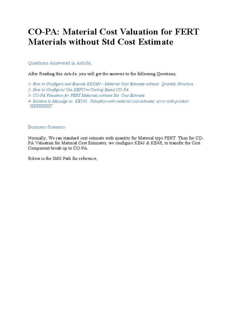 CO-PA Material Cost Valuation For FERT Materials Without STD Cost ...