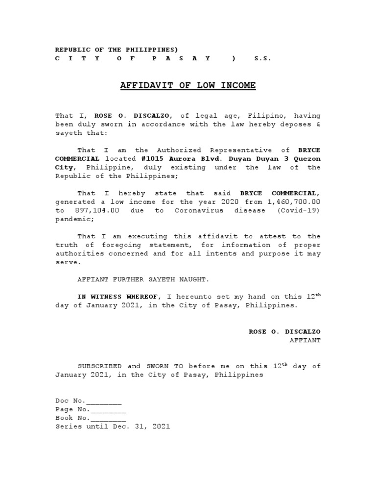 Affidavit of Low Income Example | PDF