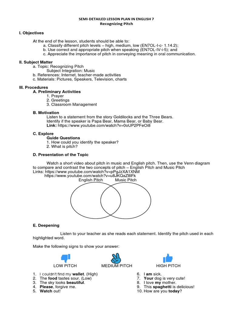 Lesson Plan On Recognizing Pitch | PDF | Lesson Plan | Communication