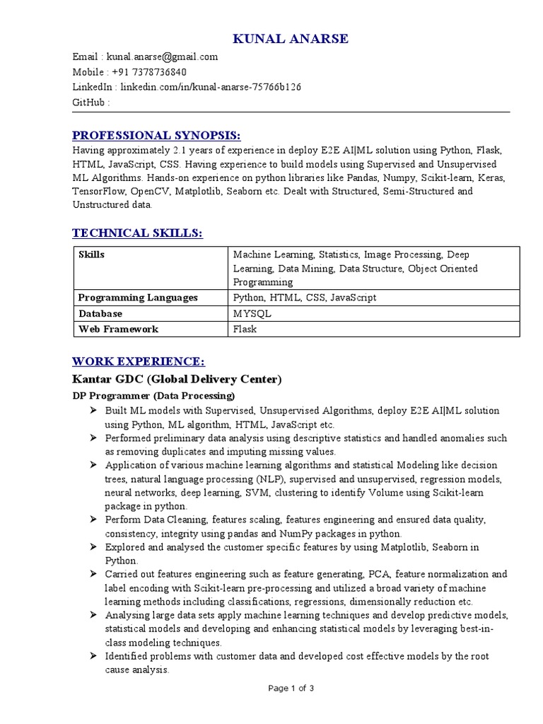 Kunal Anarse: Professional Synopsis | PDF | Machine Learning | Cybernetics