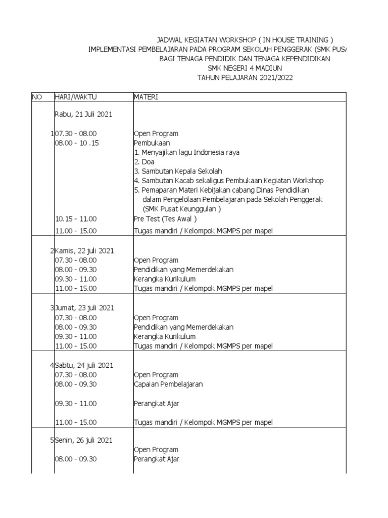 Jadwal Workshop In House Training SMK | PDF