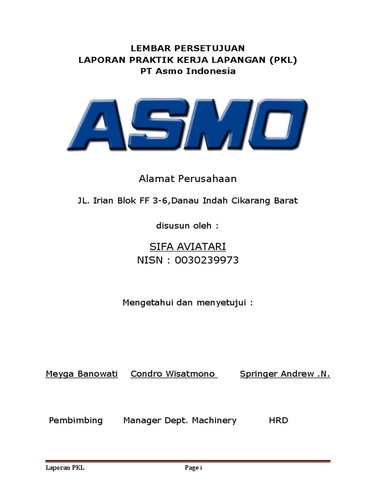 Lembar Persetujuan Laporan Praktik Kerja Lapangan (PKL) PT Asmo ...