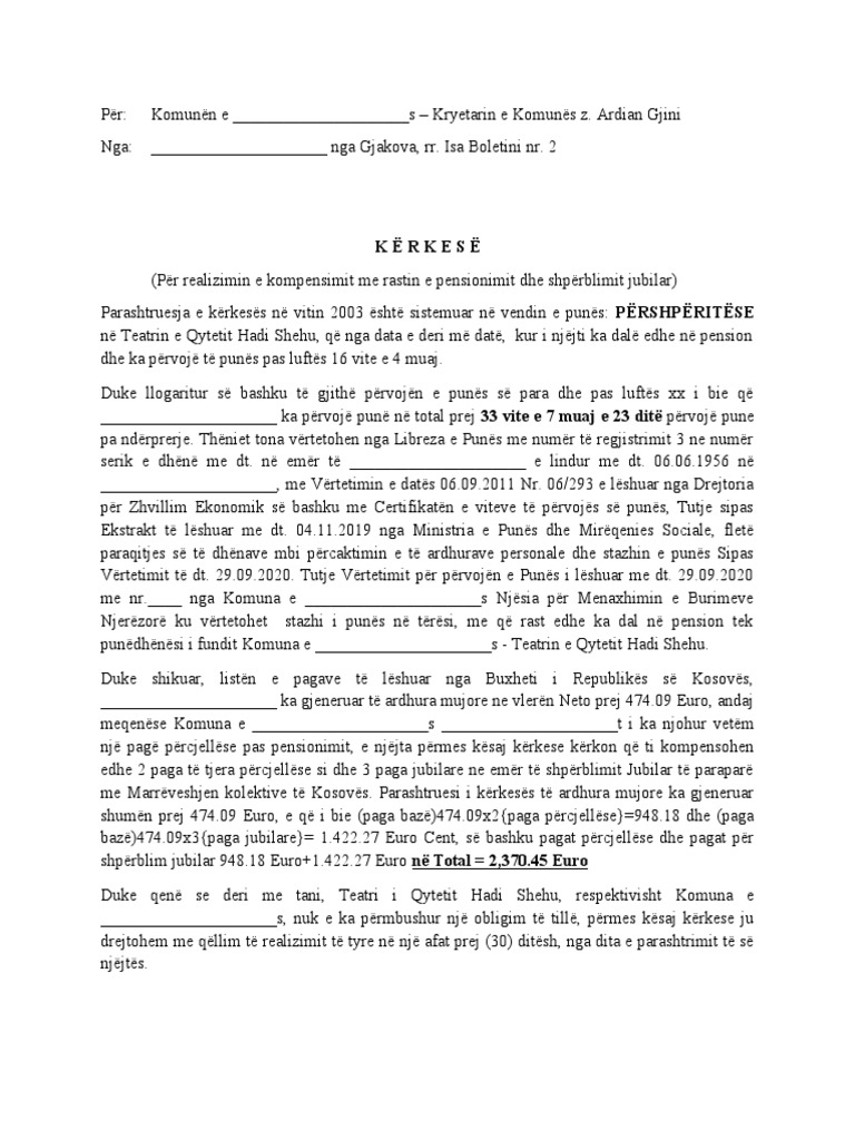 Kerkesë Komunes Paga Jubilare | PDF