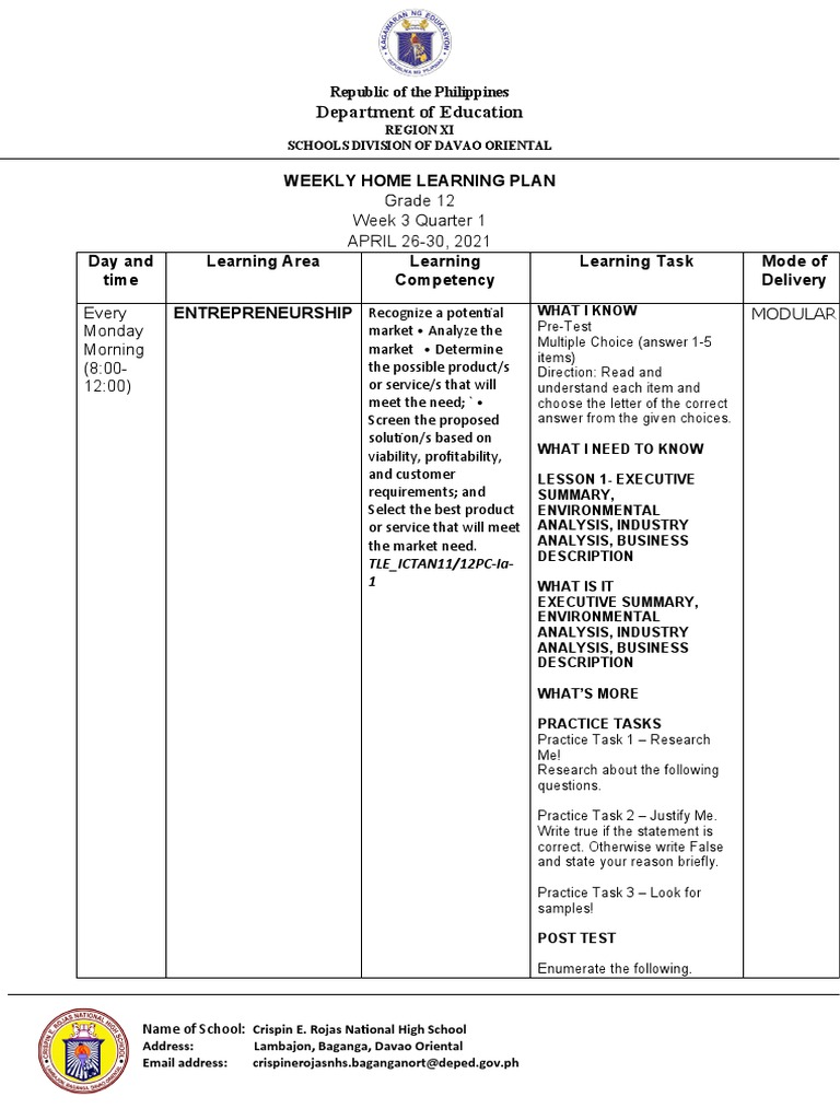 Weekly Home Learning Plan | PDF | Cognition