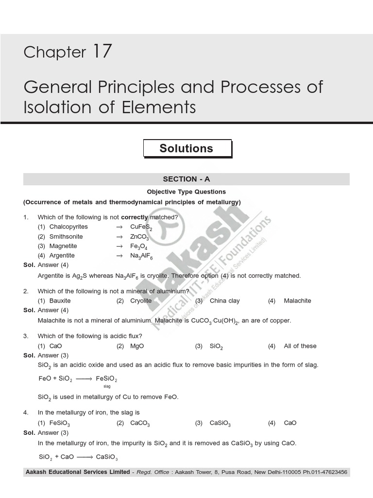 General Principles and Processes of Isolation of Elements: Solutions ...
