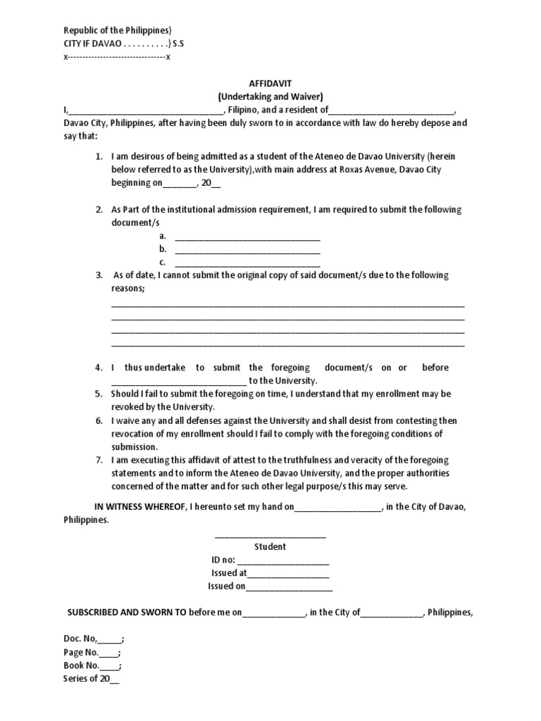 Affidavit (Undertaking and Waiver) | PDF | Affidavit | Legal Procedure