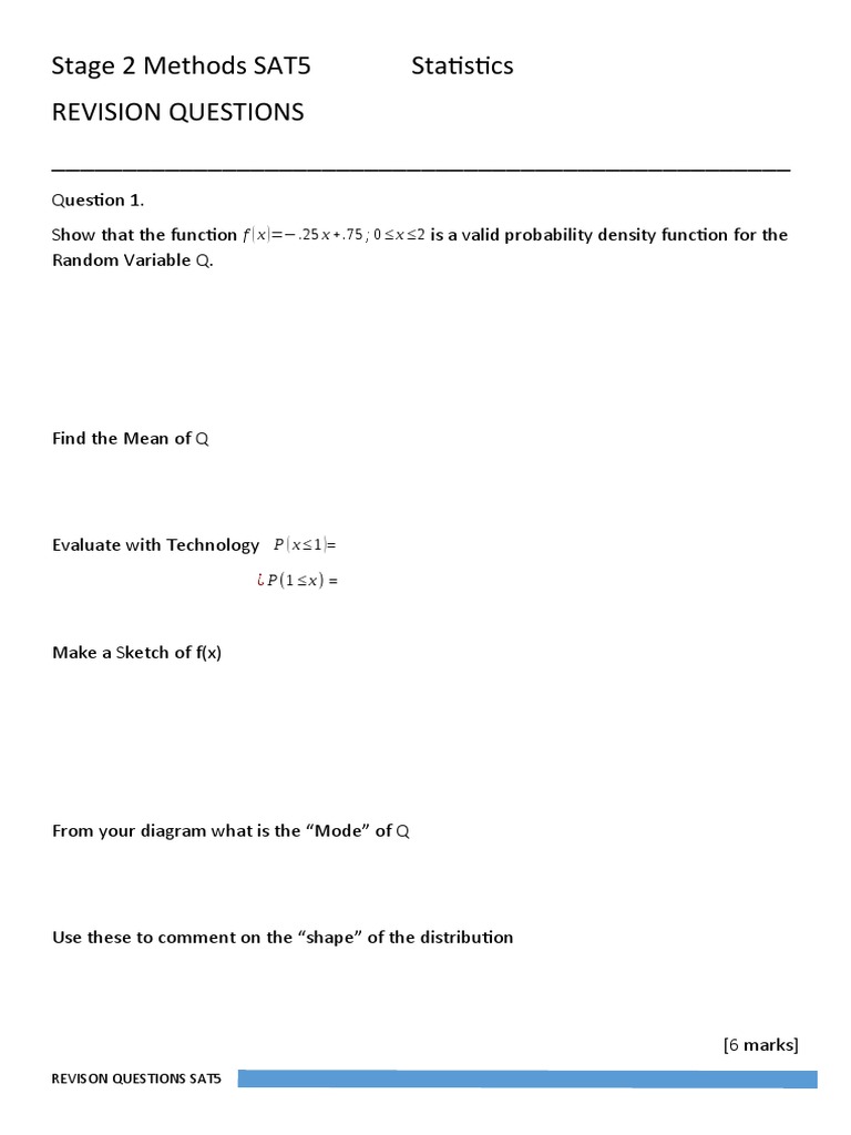 Stage 2 Methods SAT5 Statistics Revision Questions | PDF | Normal ...