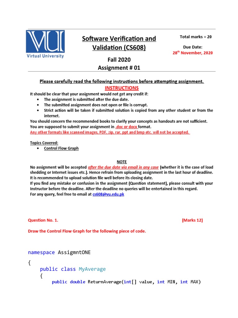 Software Verification and Validation (CS608) : Fall 2020 Assignment # 01 | PDF | Microsoft Word ...