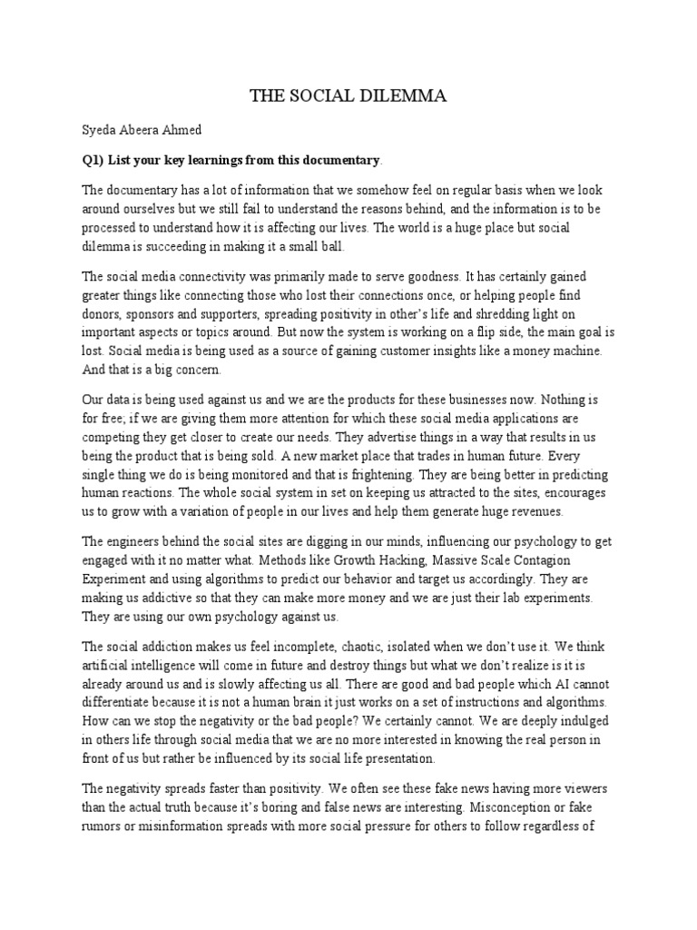 The Social Dilemma: Q1) List Your Key Learnings From This Documentary ...