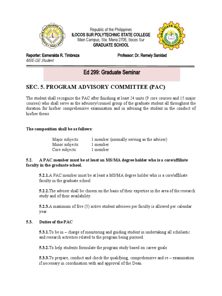 Sec. 5. Program Advisory Committee (Pac) : Ed 299: Graduate Seminar ...