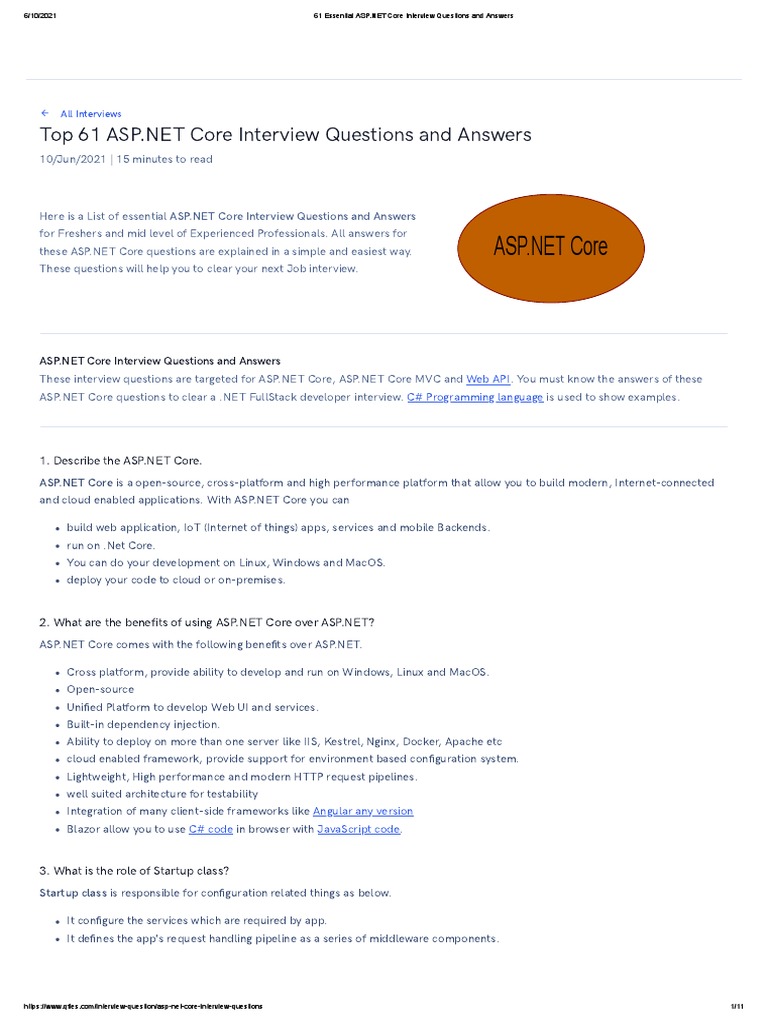 61 Essential ASP - NET Core Interview Questions and Answers | PDF | Computing | Information ...