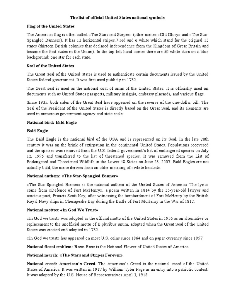 The List of Official United States National Symbols | PDF | The Star ...