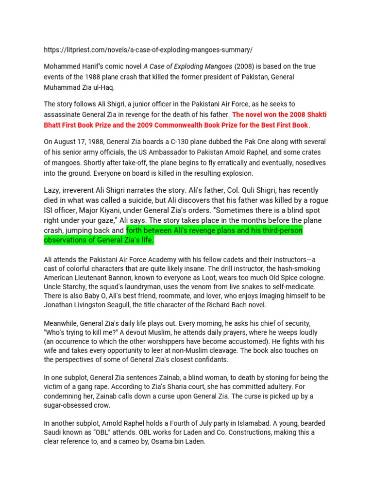 Summary of A Case of Exploding Mangoes by Hanif Querrishi | PDF