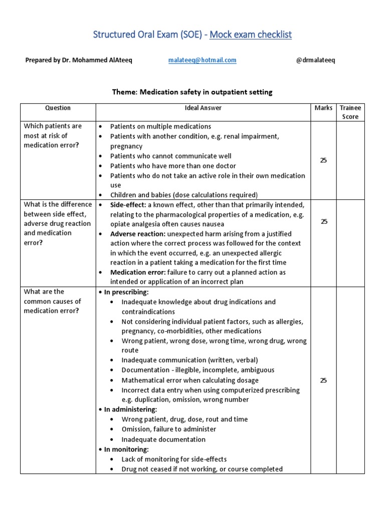 Structured Oral Exam (SOE) - Mock Exam Checklist: Theme: Medication ...