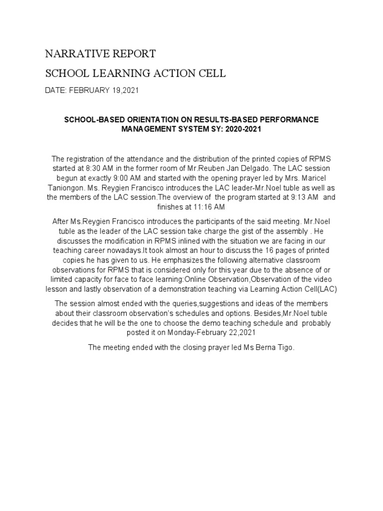 Narrative Report School Learning Action Cell | PDF