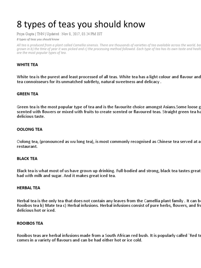 8 Essential Types of Tea Explained | PDF | Tea | Green Tea