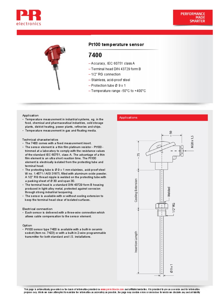 Pt100 Temperature Sensor | PDF | Pipe (Fluid Conveyance) | Chemistry