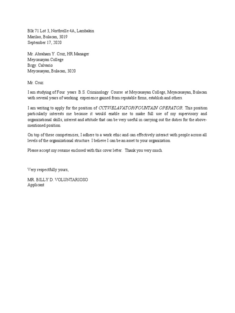 Billy Application Letter | PDF