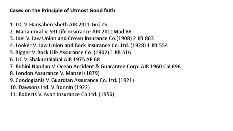 Cases On The Principle of Utmost Good Faith | PDF