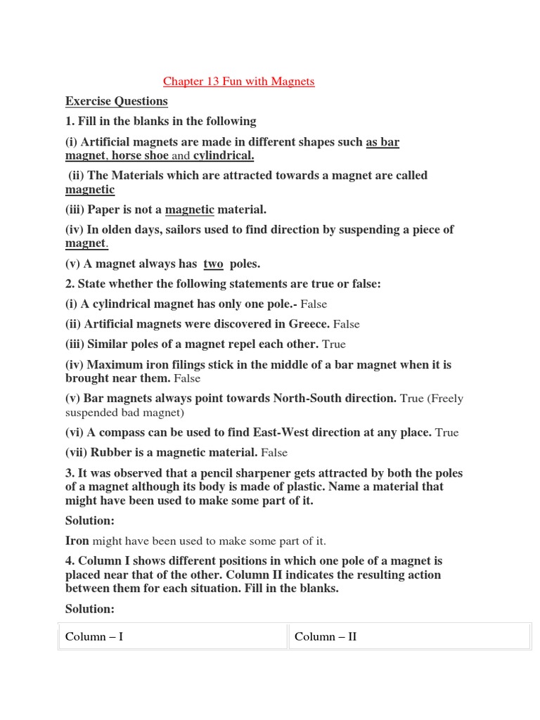 Fun with Magnets: Class 6 Worksheet | PDF | Magnet | Magnetism
