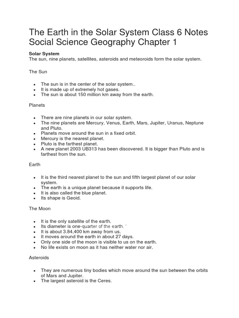 The Earth in The Solar System Class 6 Notes Social Science Geography ...