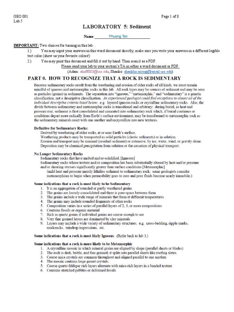 GEO 001 Lab 5 Sediment Analysis | PDF | Sedimentary Rock | Sediment