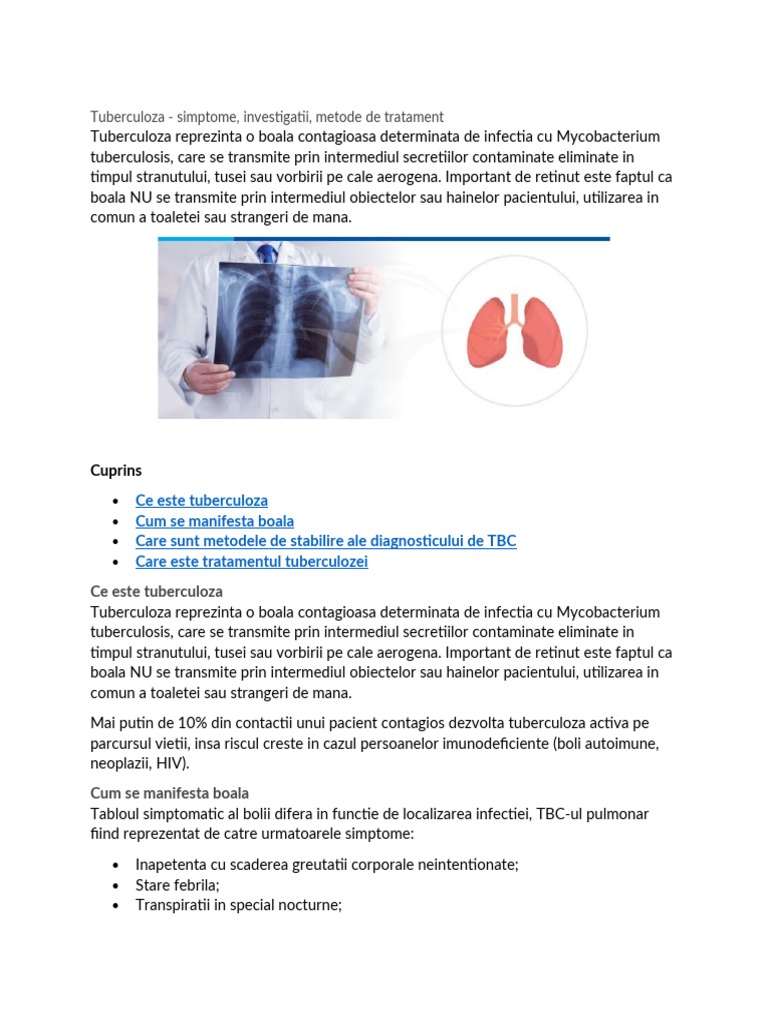 Tuberculoza - Simptome, Investigatii, Metode de Tratament | PDF