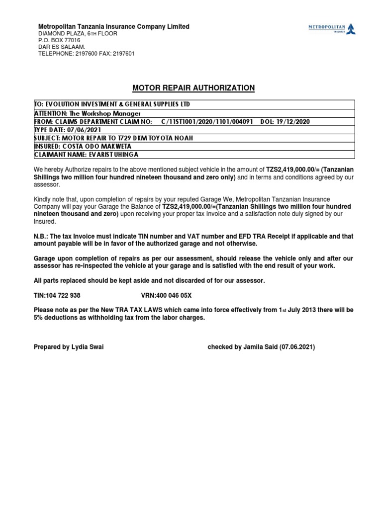 Third Party Motor Repair Authorization Letter | PDF