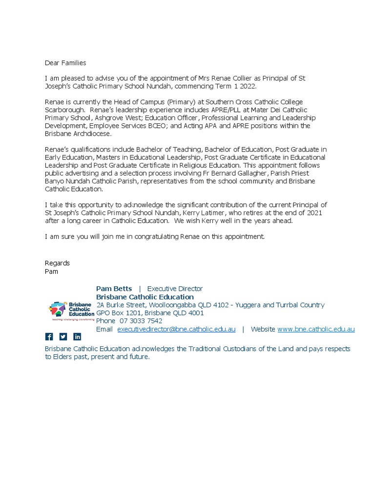 Regards Pam: Pam Betts - Executive Director Brisbane Catholic Education ...