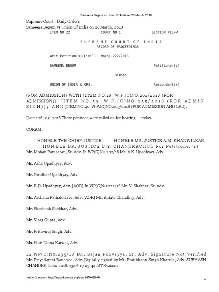 Sameena Begum Vs Union of India On 26 March 2018 | PDF | Justice ...