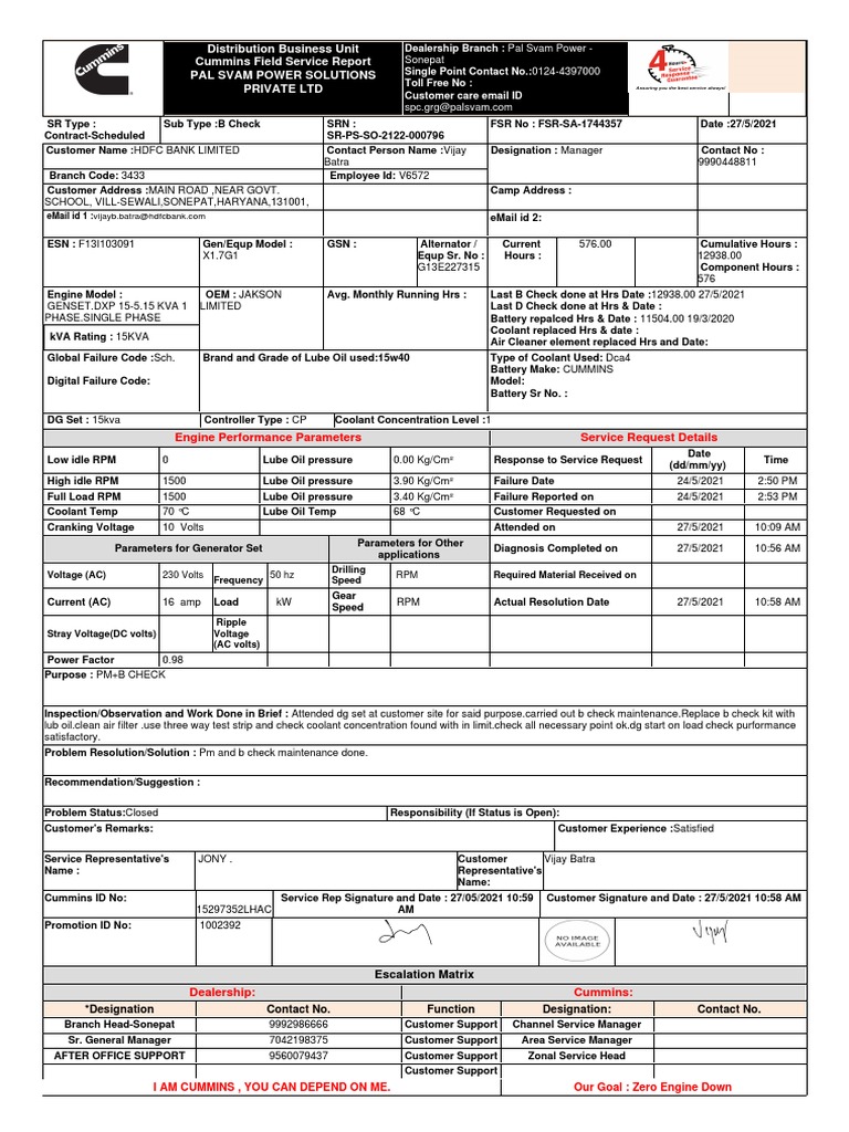Distribution Business Unit Cummins Field Service Report Pal Svam Power ...