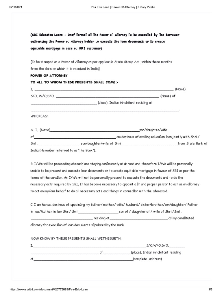 Notarized Power of Attorney for SBI Loan | PDF | Power Of Attorney | Loans