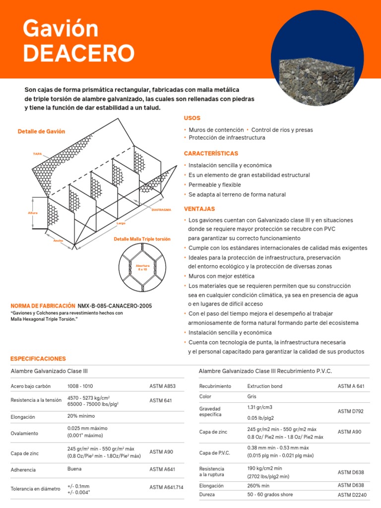 Gavion Deacero Ficha Tecnica | PDF | Revestimiento | Materiales