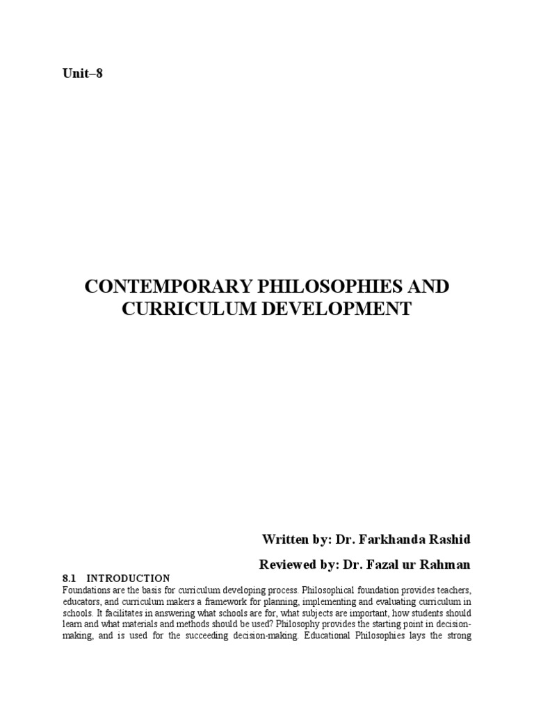 Contemporary Philosophies and Curriculum Development: Unit-8 | PDF | Pragmatism | Curriculum
