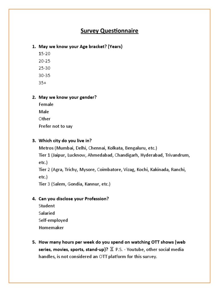 Survey Questionnaire: 1. May We Know Your Age Bracket? (Years) | PDF ...