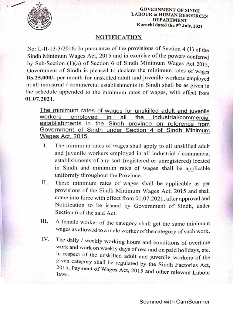 Minimum Wage Notification 2021 - Labour Dept GOS | PDF