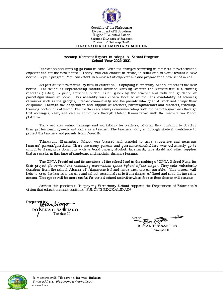 Tilapayong Elementary School's Accomplishments in Adopt-A-School Program During the COVID-19 ...