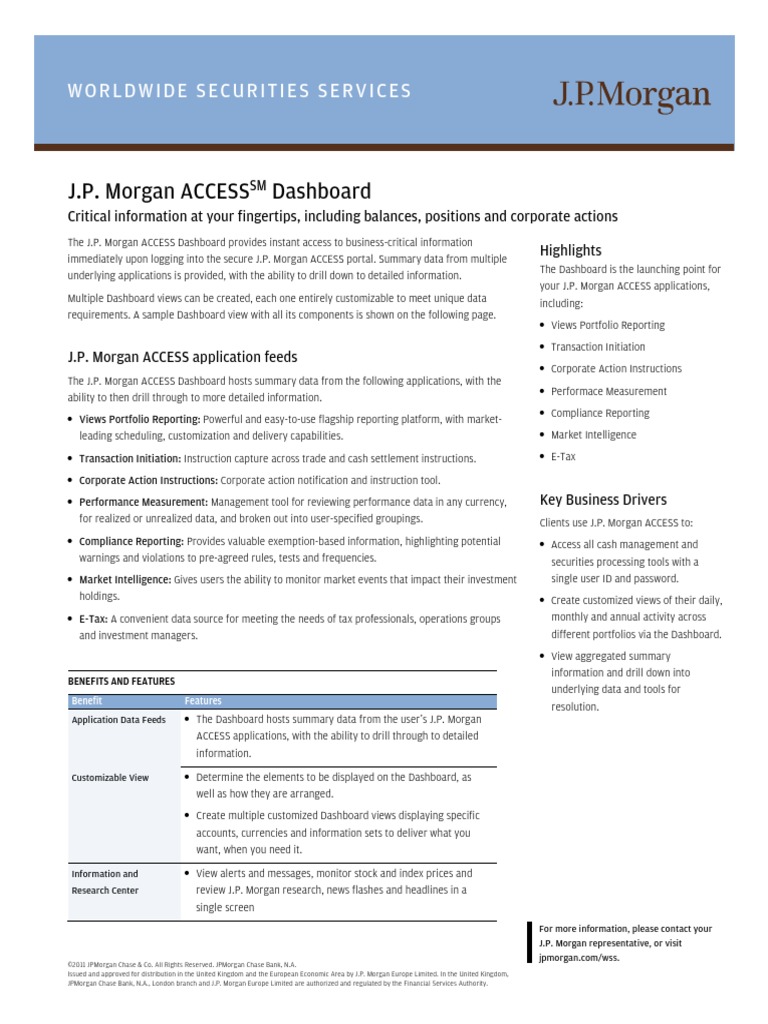 JPMorgan ACCESS Dashboard Slipsheet 08 11 11 | PDF | Jp Morgan Chase ...