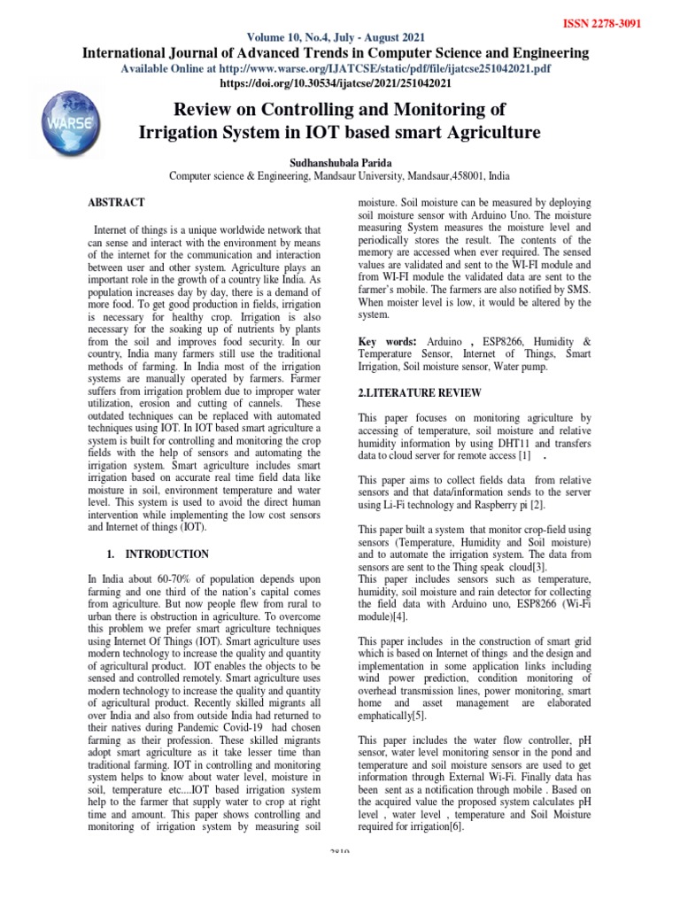 Review On Controlling and Monitoring of Irrigation System in IOT Based ...