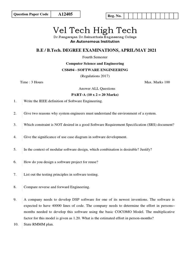 Vel Tech High Tech: Reg. No. Question Paper Code | PDF | Software ...