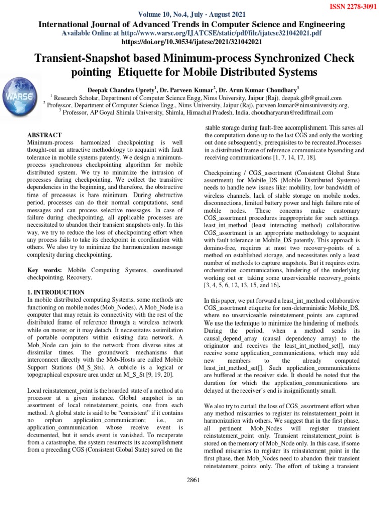 Transient-Snapshot Based Minimum-Process Synchronized Check Pointing Etiquette For Mobile ...