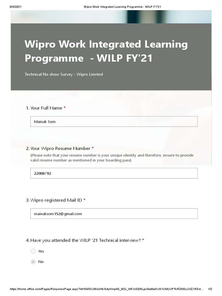 Wipro Work Integrated Learning Programme - WILP FY'21 | PDF