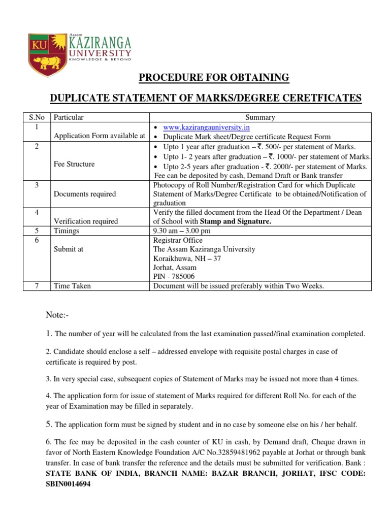 Rules For Duplicate Copy Marksheet - Certificate | PDF | Banks | Cheque