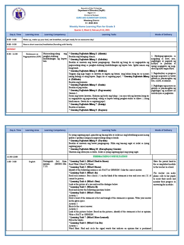 WHLP Detailed Grade 3 Q2 W6 All Subjects | PDF