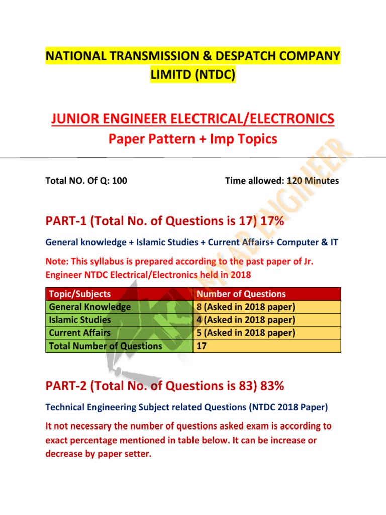 NTDC Junior Engineer Paper Pattern + Syllabus | PDF | Electronics | Electrical Engineering