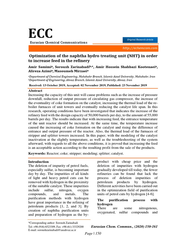 Optimization of The Naphtha Hydro Treating Unit (NHT) in Order To ...