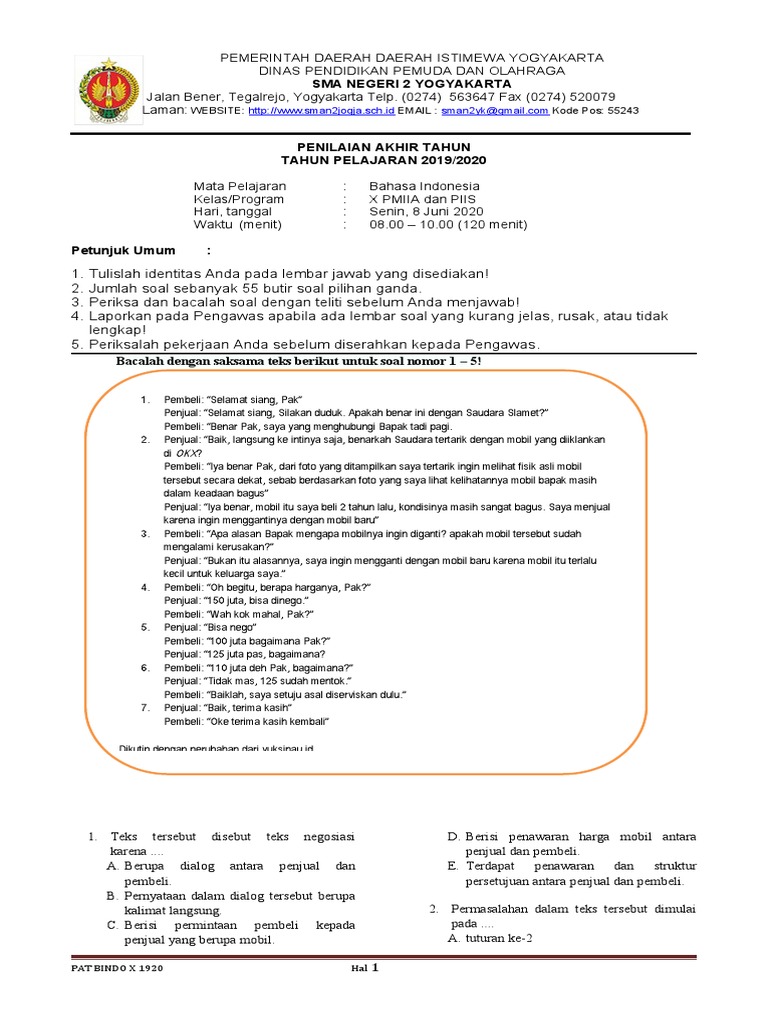 SOAL PAT BINDO X 1920 Print | PDF